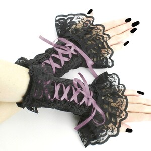 Black and Purple Gothic Fingerless Gloves, Ruffled Corset Lacing Arm ...