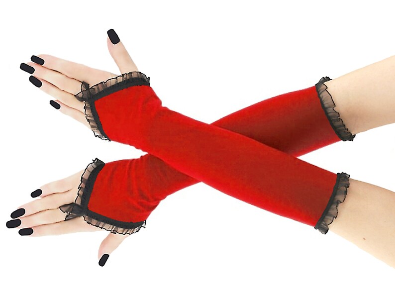 Black Elbow Length Fingerless Gloves, Ruffled Lace Trim Arm Warmers ...