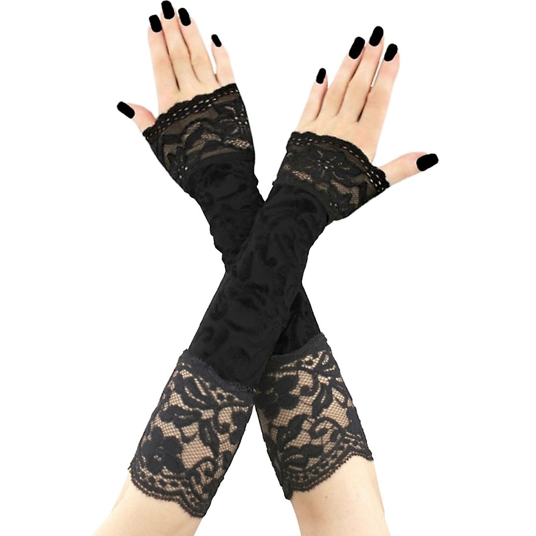 Womens Black Texture Gloves, Black Romantic Gothic Fingerless Gloves ...