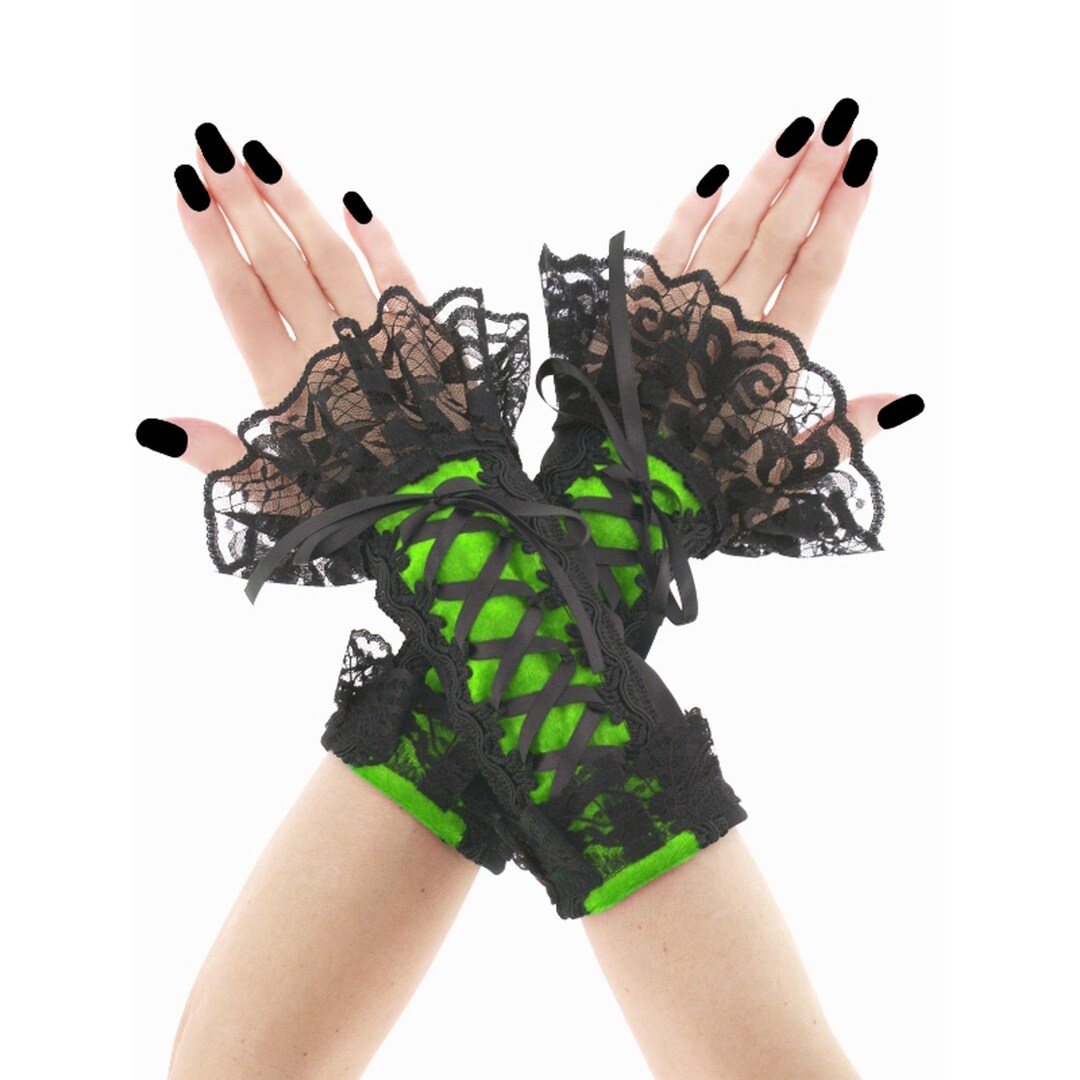 Gothic Womens Gloves Black Neon Green Romantic Lace Ruffled Fingerless ...
