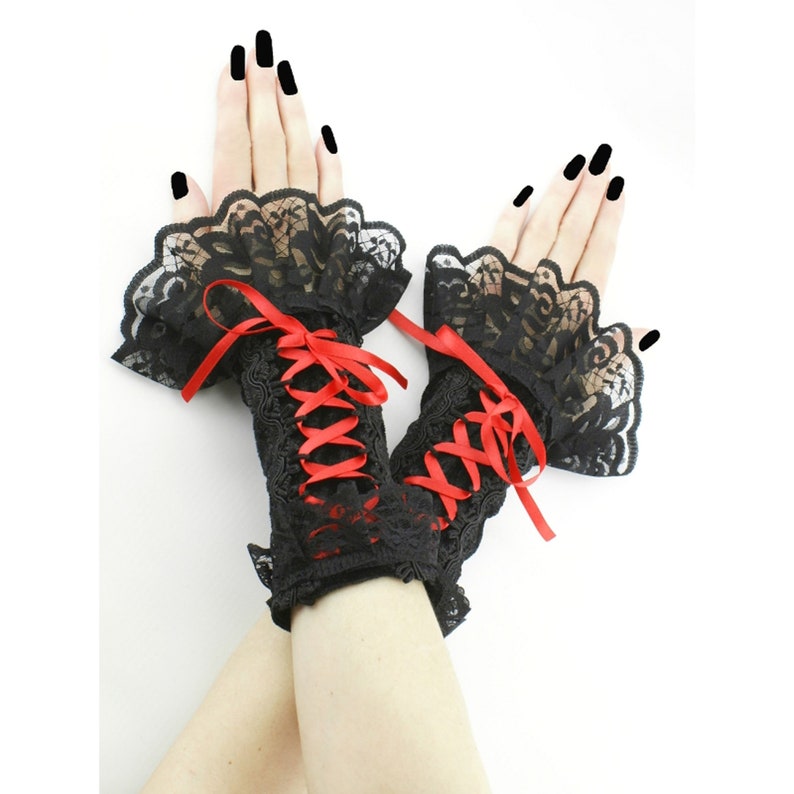 Black and Purple Gothic Fingerless Gloves, Ruffled Corset Lacing Arm ...