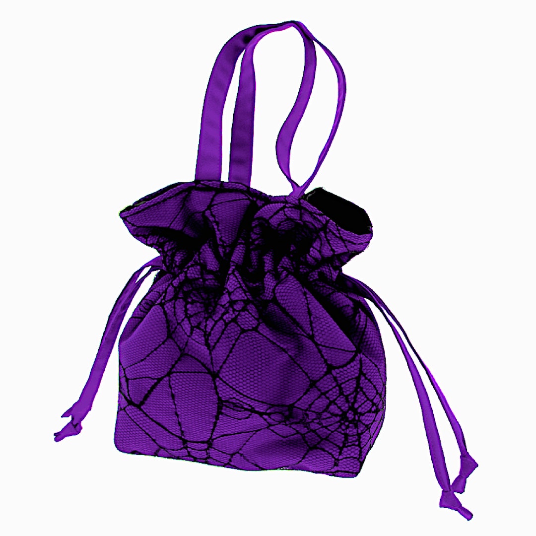 Gothic Spider Web Handbag Black Lace & Purple Satin Drawstring Pouch ...