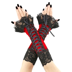 Gothic Womens Gloves Red Black Romantic Fingerless Elbow Length Sleeves ...