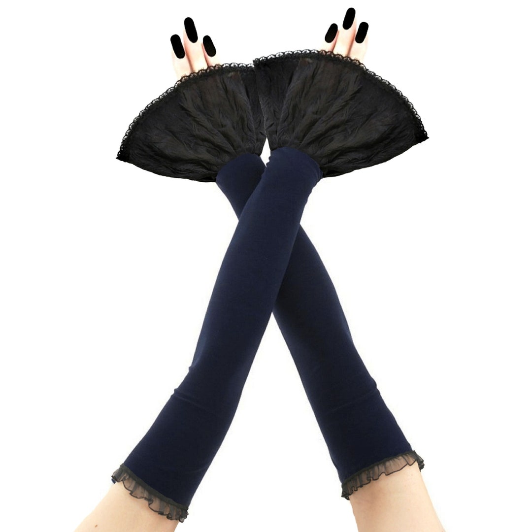 Elegant Gloves Extra Long Blue Black, Gothic Vampire Glamour With Frill ...