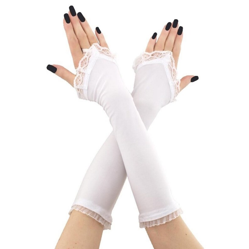 Black Elbow Length Fingerless Gloves, Ruffled Lace Trim Arm Warmers ...