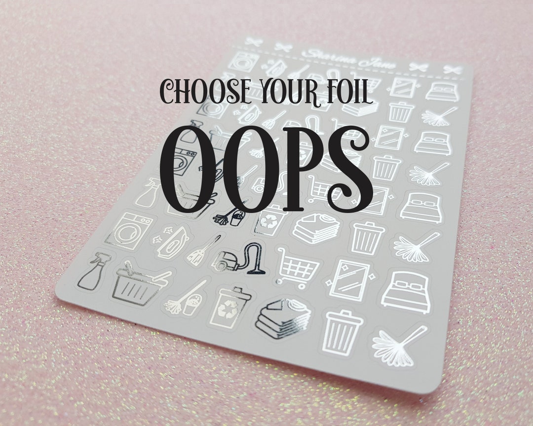 OOPS Foiled Cleaning Icon Planner Stickers, White or Clear Foil Icon ...