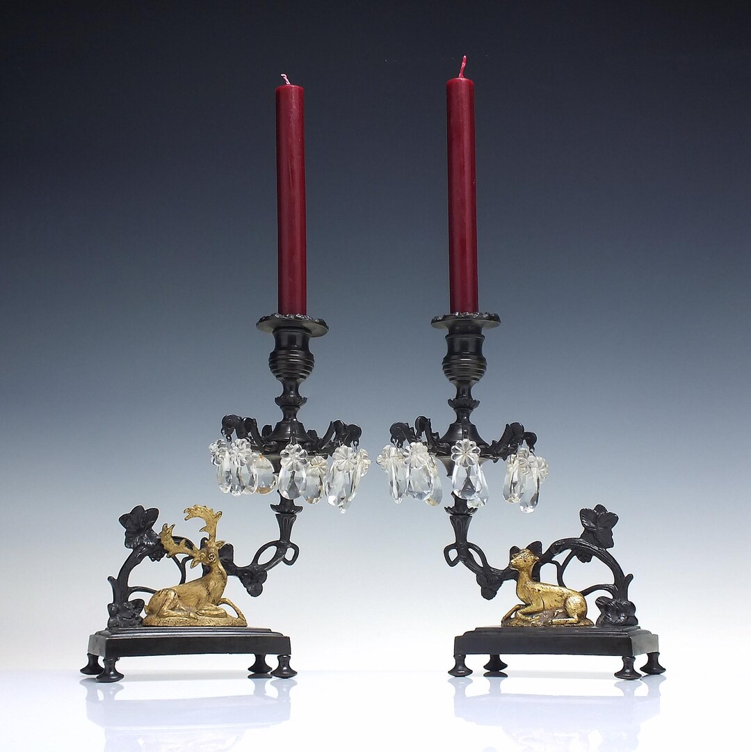 Pair of Georgian Regency Bronze and Gilded Stag & Doe Glass Lustre ...
