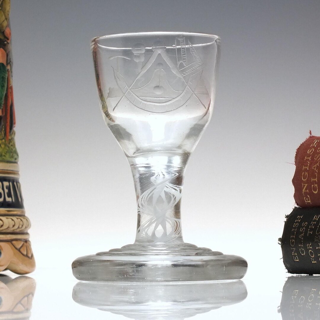 18th Century Masonic Engraved Opaque Twist Firing Glass With Terraced ...