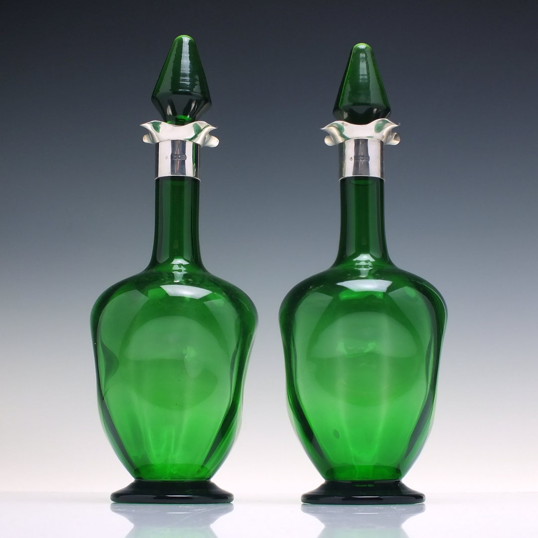 Pair Art Nouveau Silver Top Green Glass Decanters London 1898 - Etsy