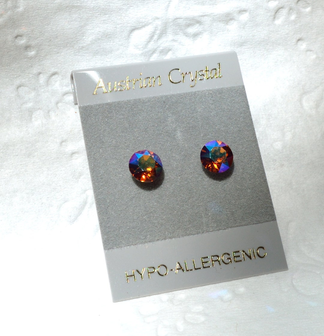 7mm Round Faceted Austrian Crystal Stud Earrings, Carmel Shimmer ...