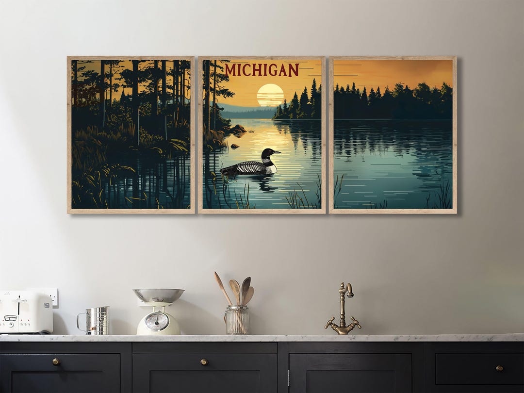 Michigan Travel Poster Set - Loon and Lake Scenes From Northern MI and ...