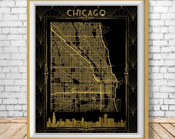 Chicago Skyline Print Art Deco Poster Chicago Cityscape - Etsy