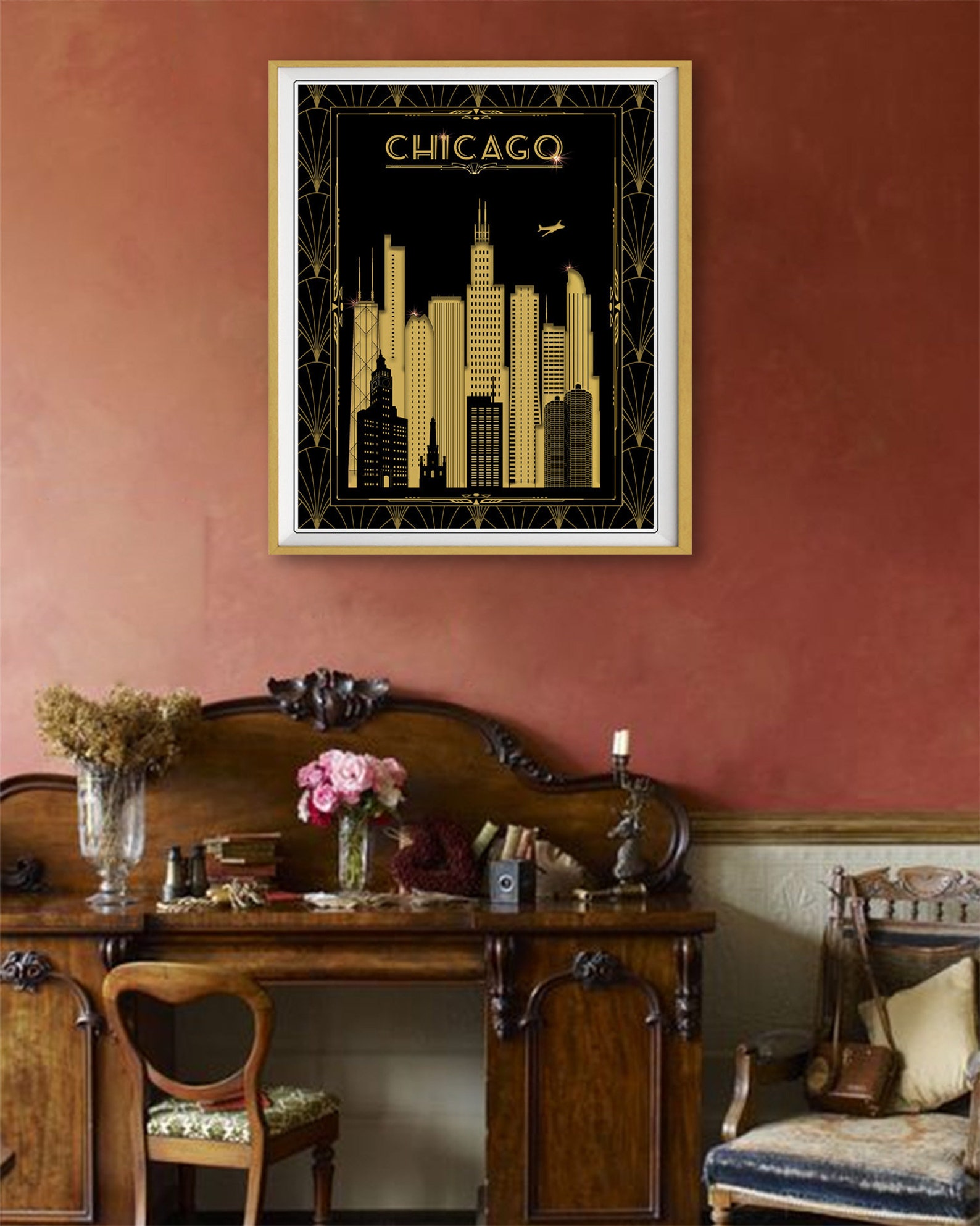 Chicago Skyline Print Art Deco Poster Chicago Cityscape - Etsy