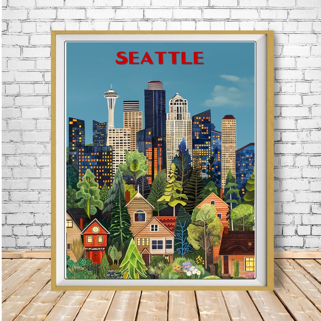 Seattle Travel Poster, Seattle Skyline, Space Needle, Retro Travel ...
