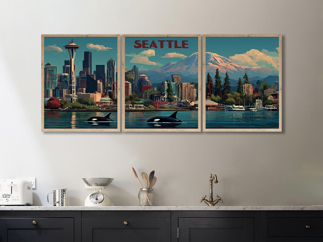 Seattle Travel Poster, Orca Wall Art, Space Needle Decor, Travel Poster ...