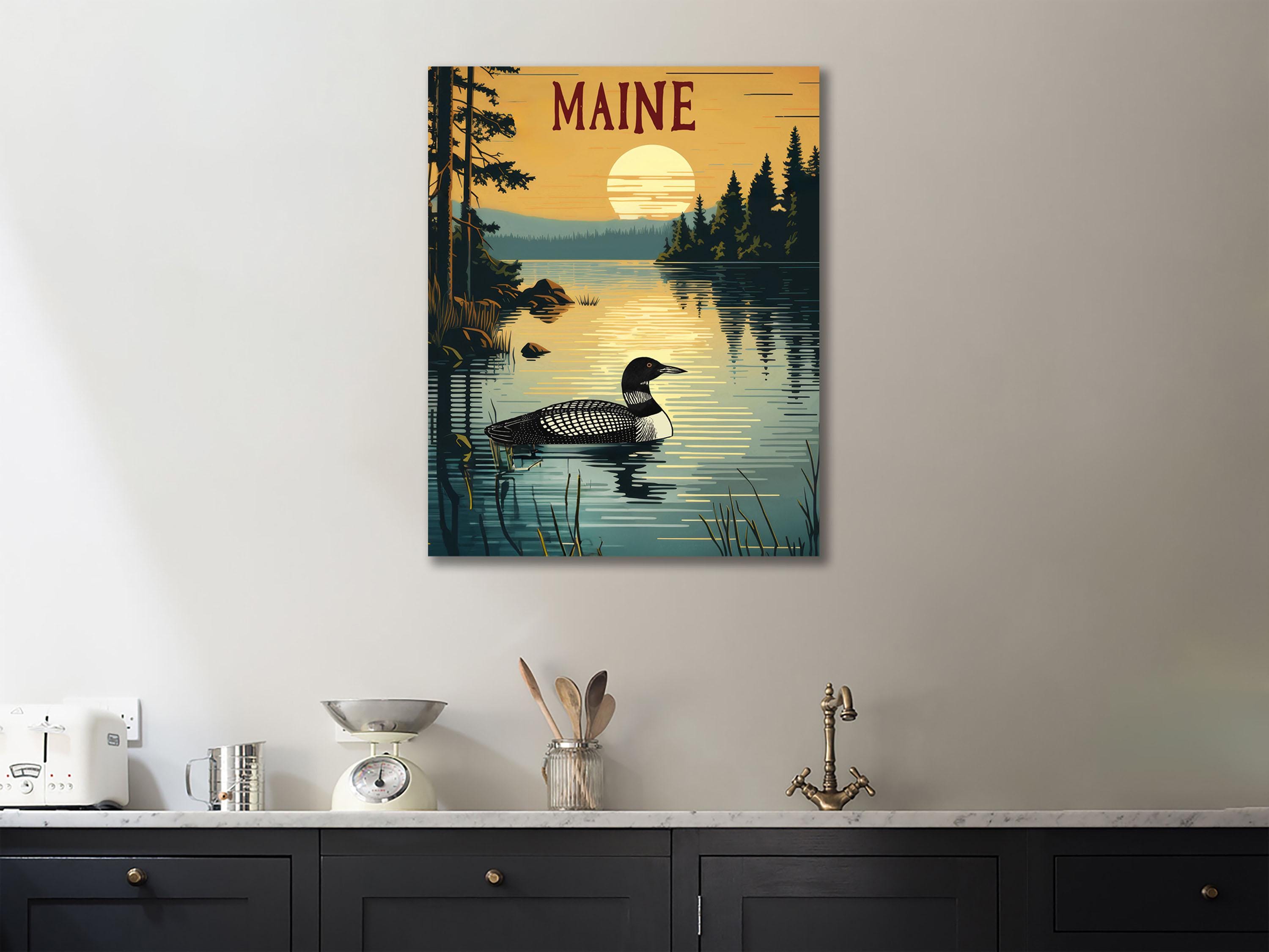 Vintage Loon Lake Maine Travel Poster – Scenic New England Wildlife Art ...