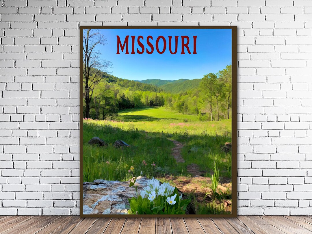Vintage Missouri Travel Poster – Ozark Hills Blossoms & River Scenery ...