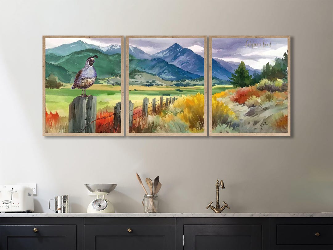 Panoramic California Quail Art Print Set – Mountain Landscape Bird ...