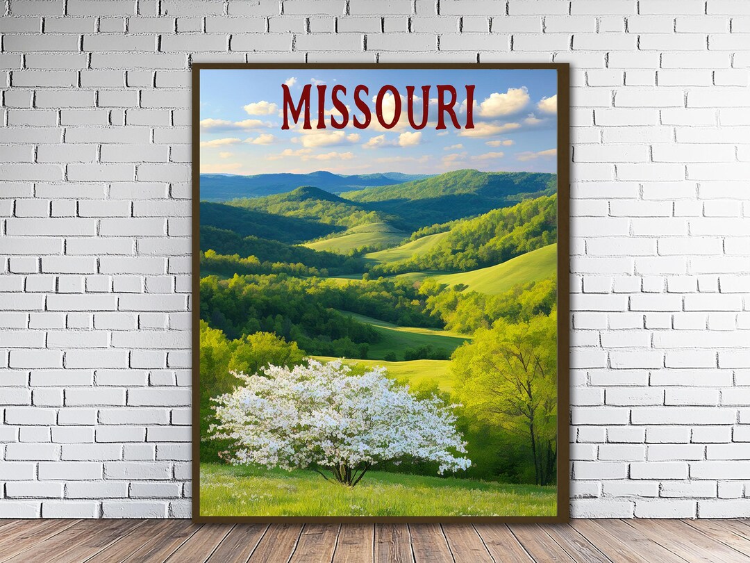 Vintage Missouri Spring Travel Poster – Ozark Hills Blossoms & River ...