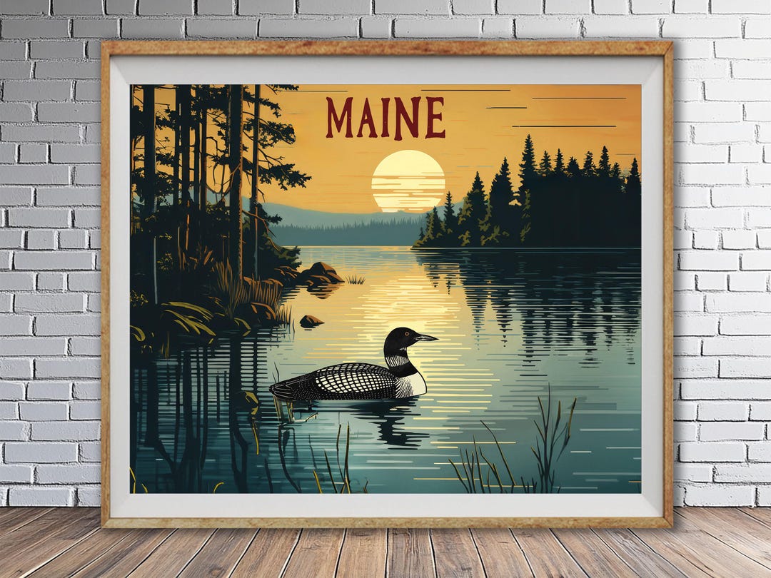 Vintage Loon Lake Maine Travel Poster – Scenic New England Wildlife Art ...