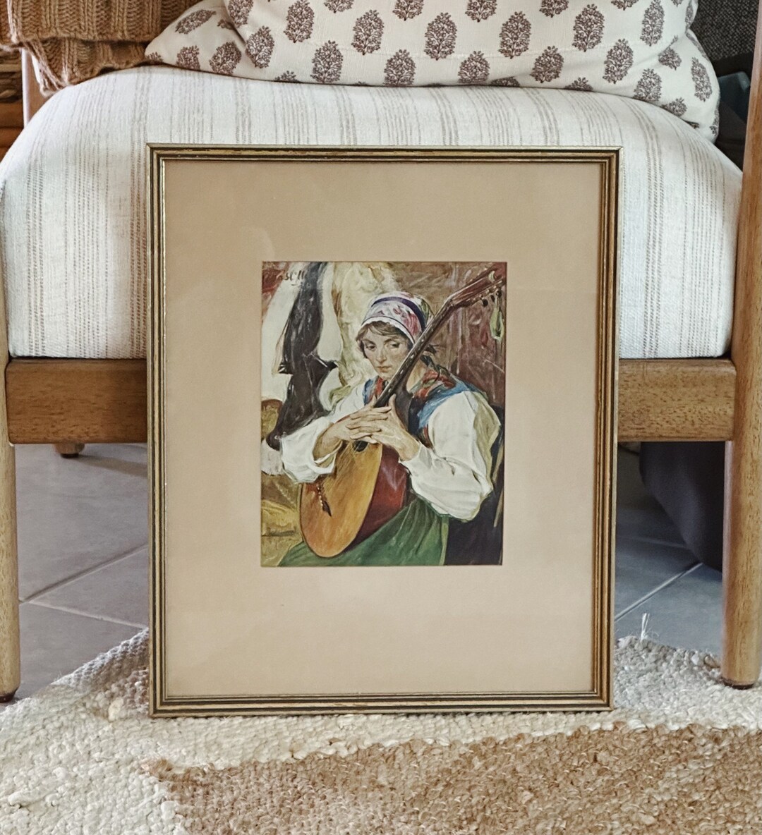 Vintage Helmer Masolle Art Print: Girl With Mandolin, Framed Swedish ...