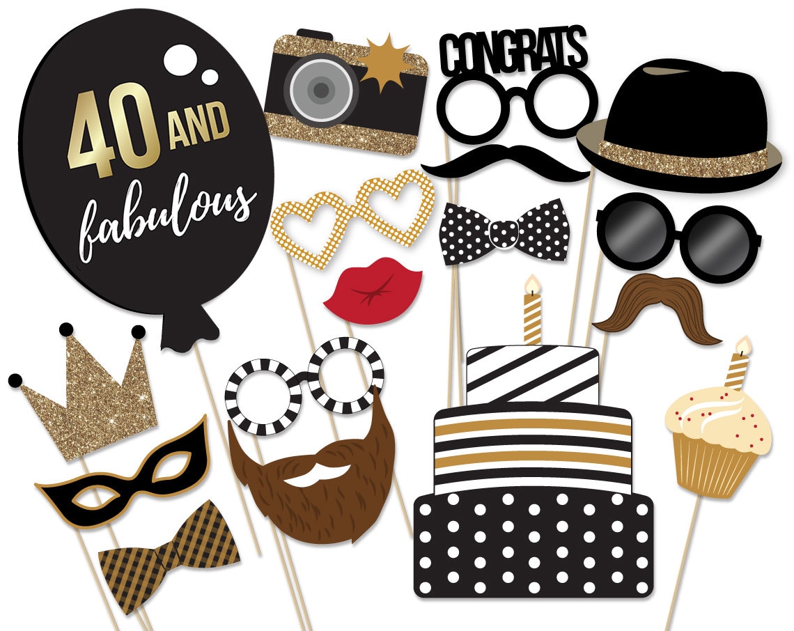 40th Birthday Photo Booth Props. Printable Black and Gold - Etsy