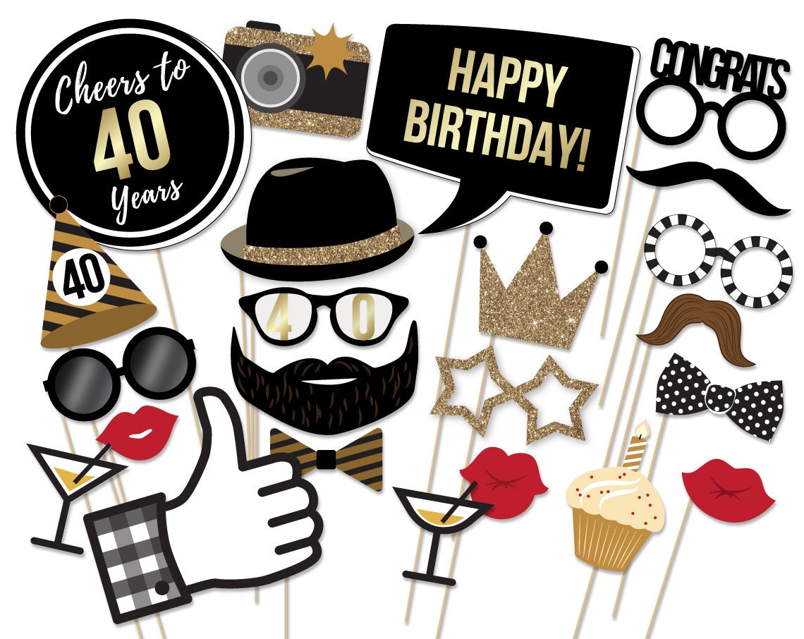 40th Birthday Photo Booth Props. Printable Black and Gold - Etsy