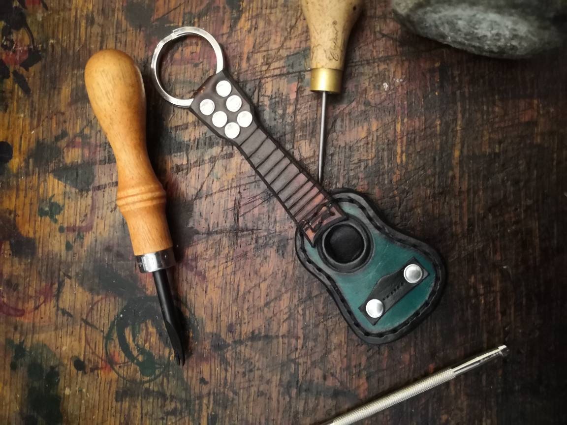 Hand Made Leather Guitar Key Ring With Plectrum Pouch. - Etsy