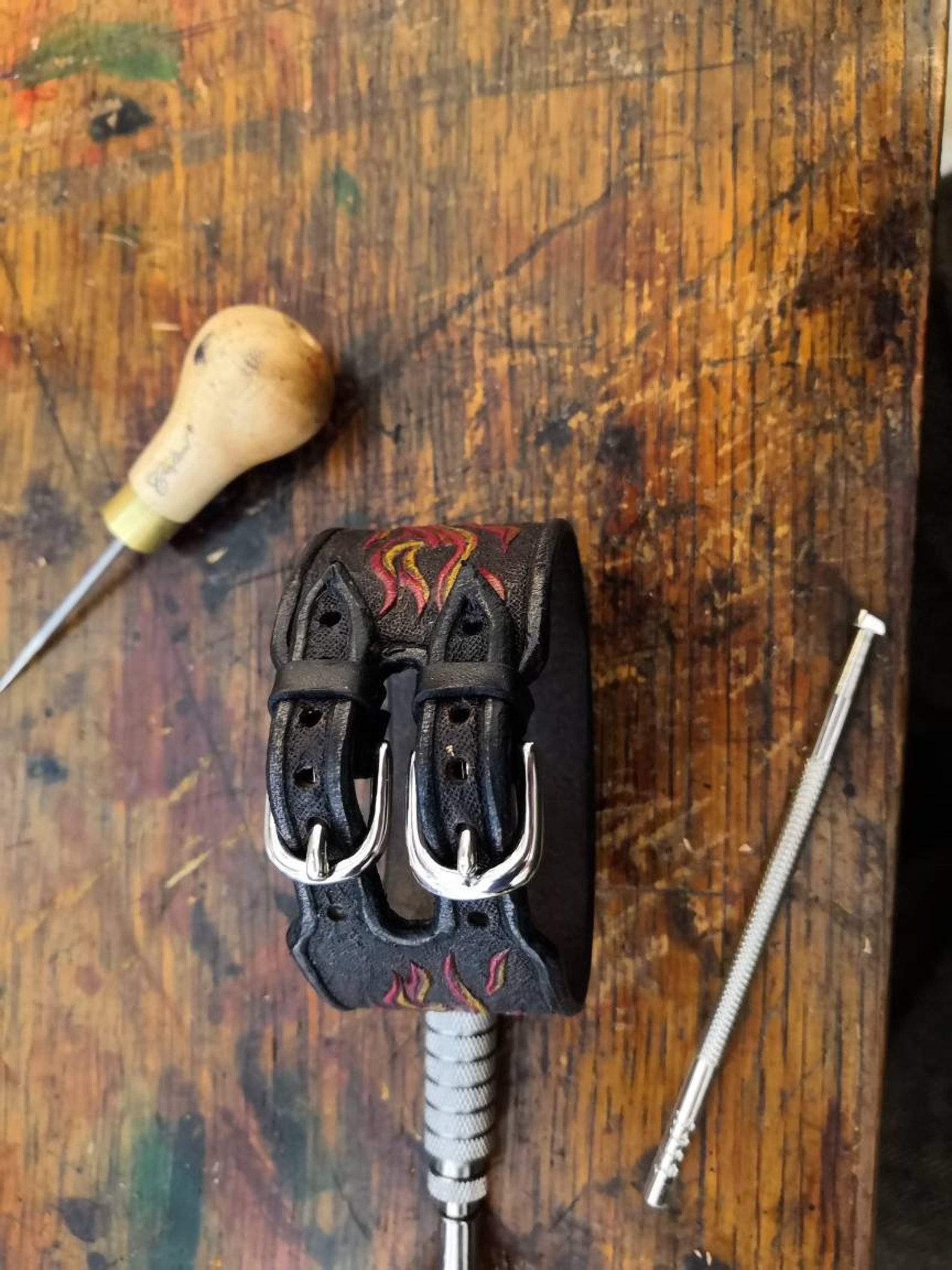 Wrist Band, Leather, Handcrafted Carved and Painted. - Etsy