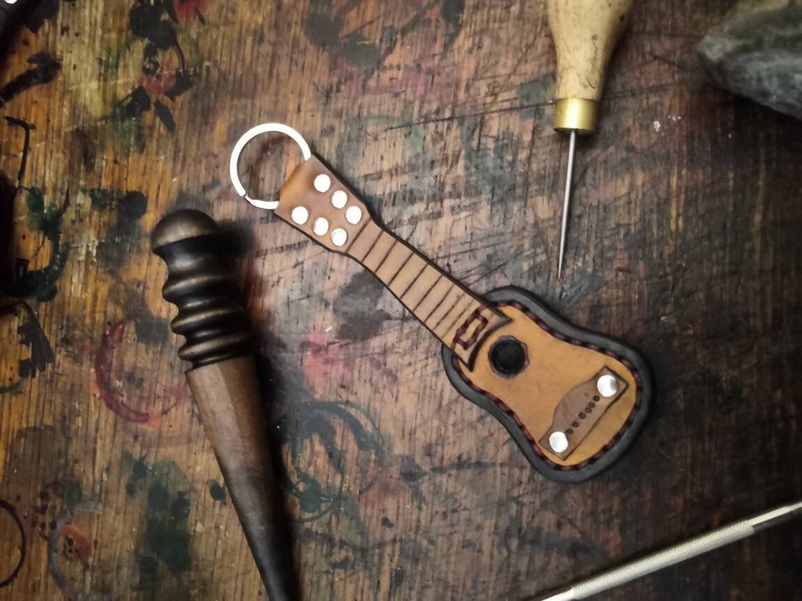 Hand Made Leather Guitar Key Ring With Plectrum Pouch. - Etsy