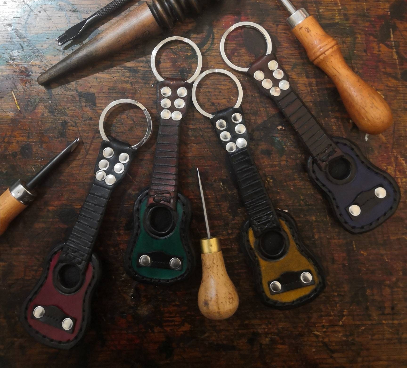 Hand Made Leather Guitar Key Ring With Plectrum Pouch. - Etsy