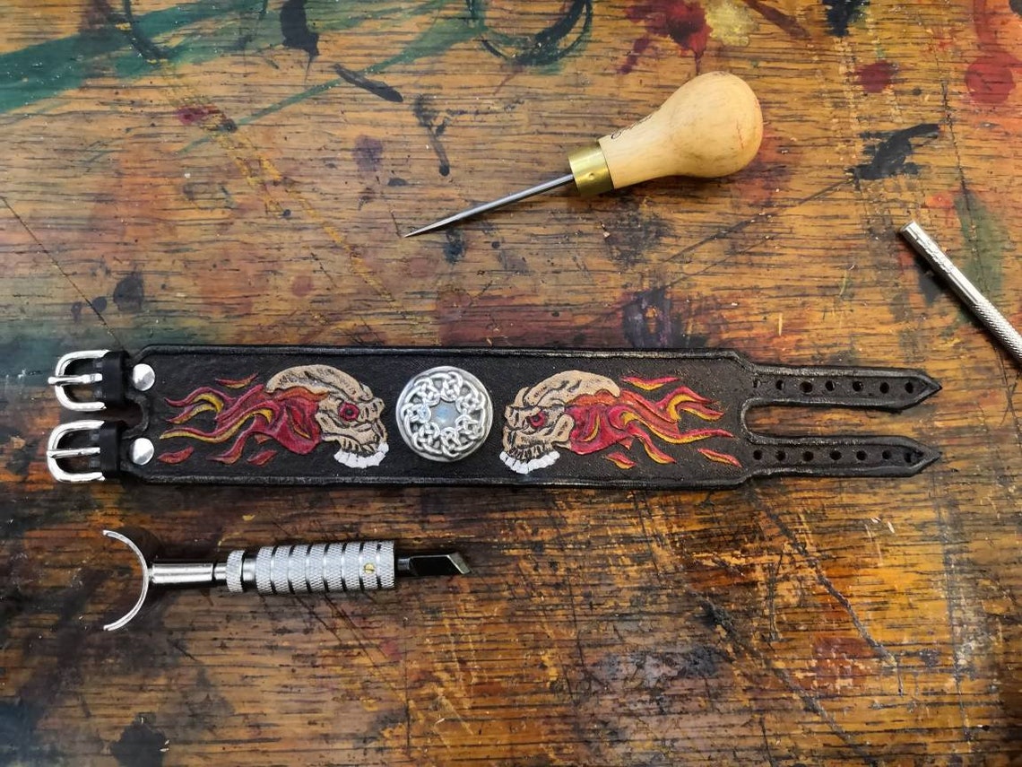 Wrist Band, Leather, Handcrafted Carved and Painted. - Etsy