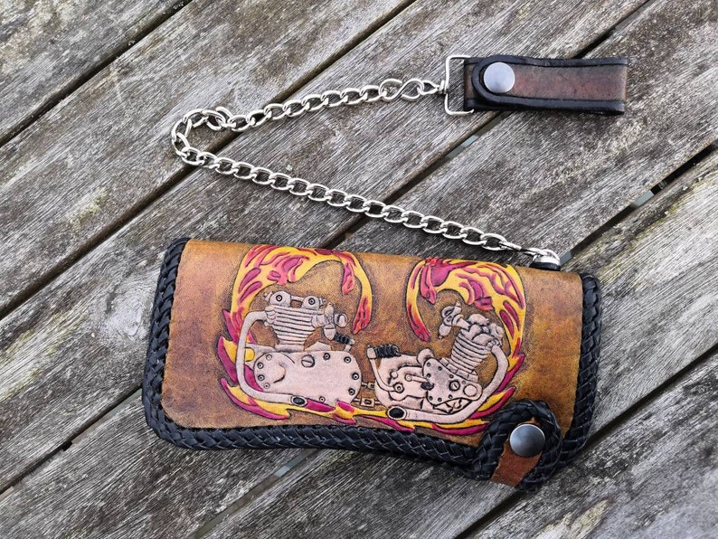 Hand Carved Biker Wallet With Triumph and Norton Engine Pulling Against ...