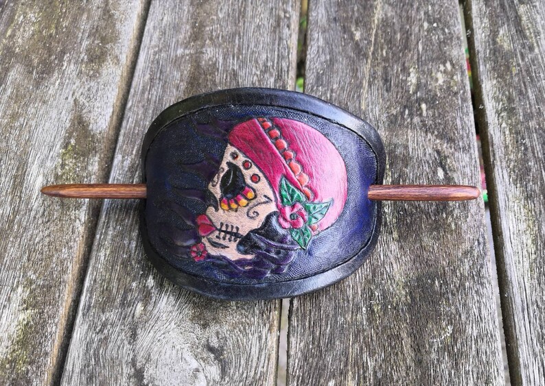 Leather Oval Hair Barrette With Sugar Skull Carving, Handmade Hardwood ...