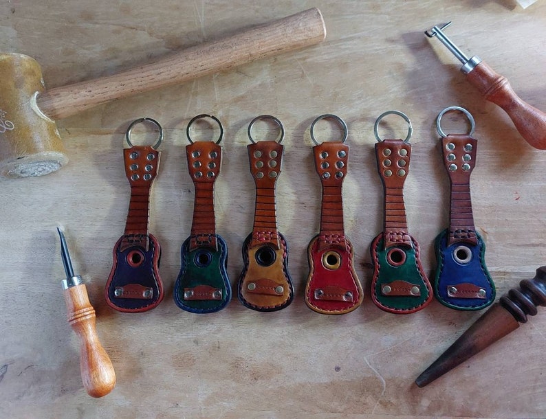 Hand Made Leather Guitar Key Ring With Plectrum Pouch. - Etsy