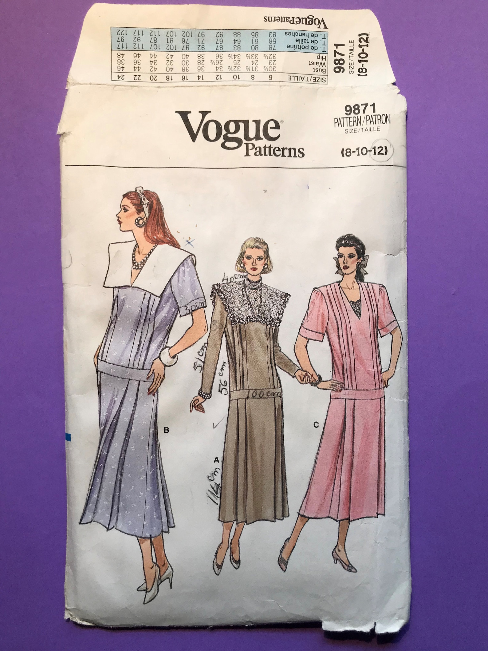 VOGUE 9871 Drop Waist Pleated Calf-length Dress Size 8-10-12 ...