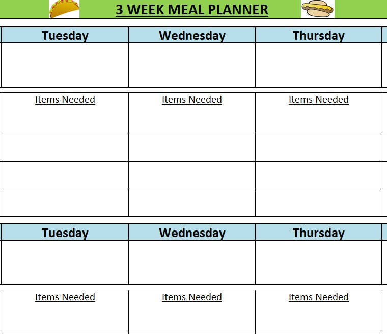 Meal Planner - Excel Download - Three Week Template to Get You ...