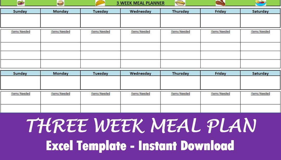 Meal Planner - Excel Download - Three Week Template to Get You ...