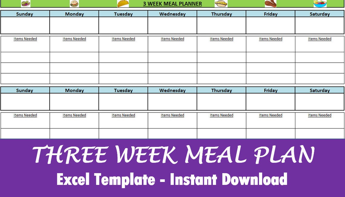 Meal Planner - Excel Download - Three Week Template to Get You ...