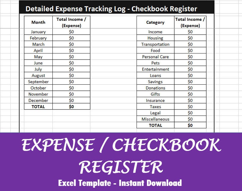Checkbook Register - Detailed Expense Log Excel Downloand - Etsy