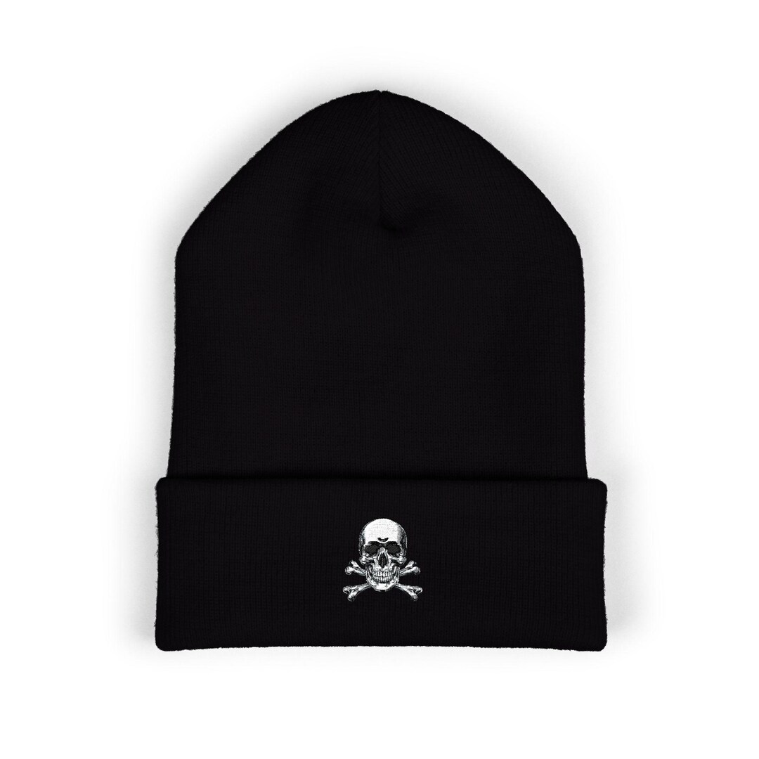 Beanie, Skull and Crossbones Embroidered Cuffed Hat, Winter Knit Cap ...