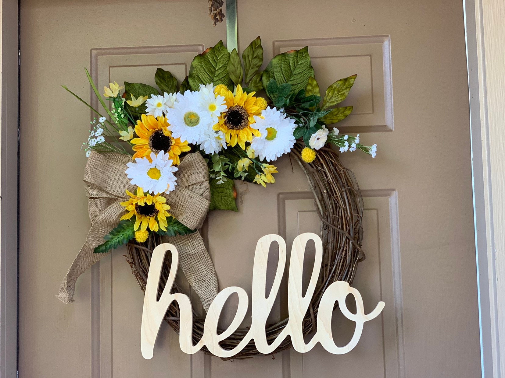 Hello wreath sunflower wreathyear round wreath-yellow and | Etsy