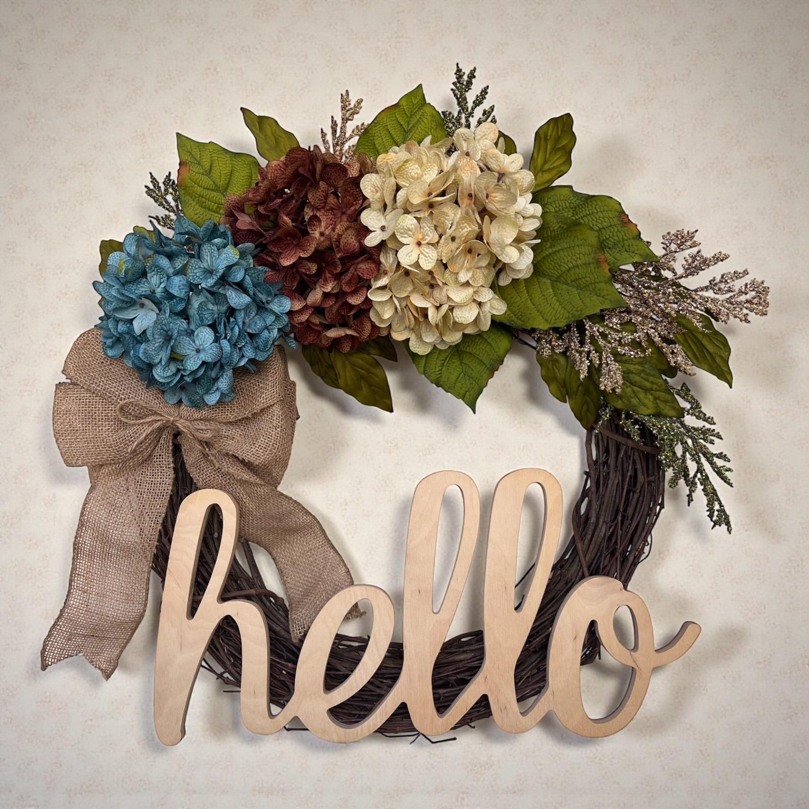 Handmade Hello Hydrangea Wreath With Burlap Bow – Rustic Front Door ...