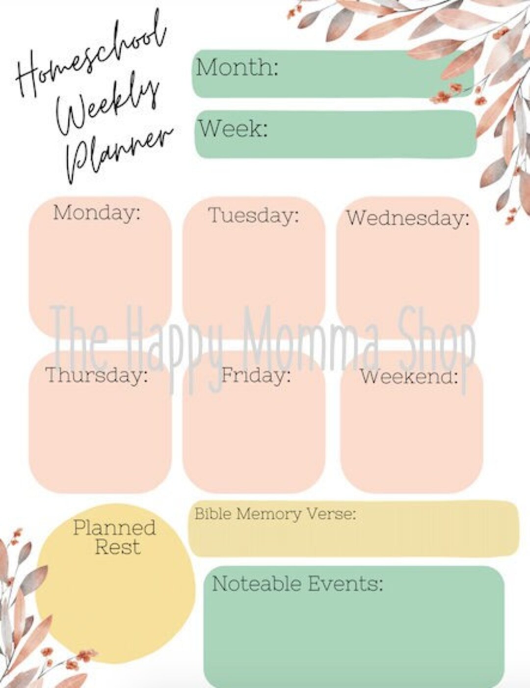 Homeschool Weekly Printable Planner Flowers Option 8 - Etsy
