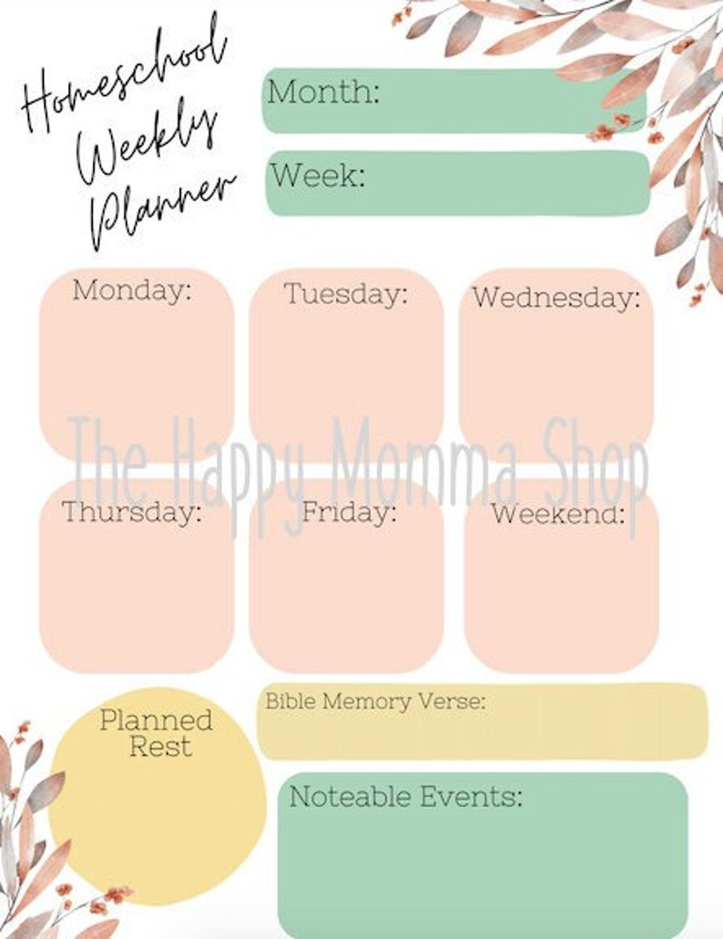 Homeschool Weekly Printable Planner Flowers Option 8 - Etsy