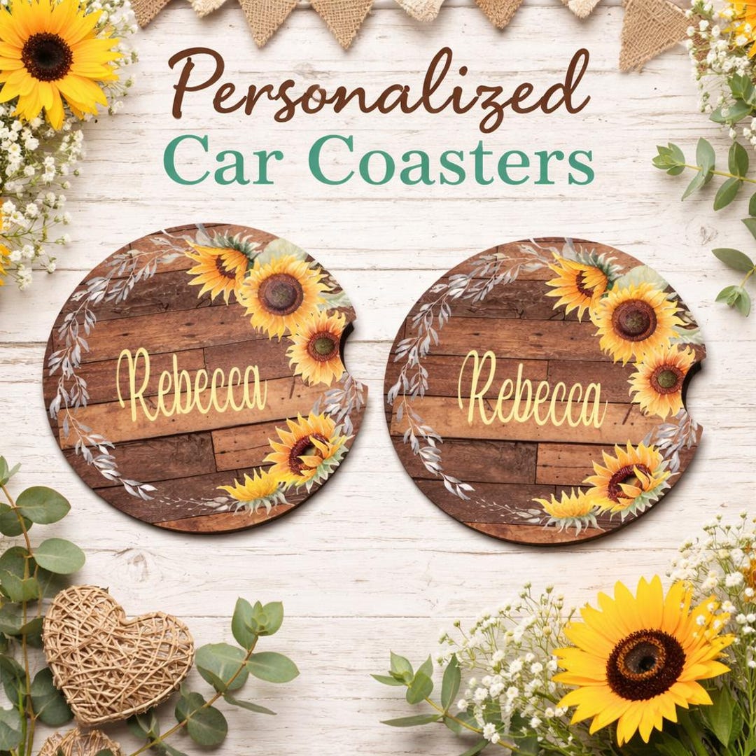 Personalized Sunflower Car Coasters- Car Coaster-2 Piece Car Coaster ...