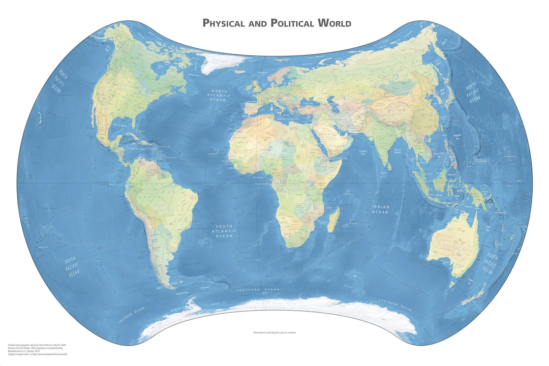 Map of the World - Physiopolitical (strebe Equal-area Projection) - Etsy