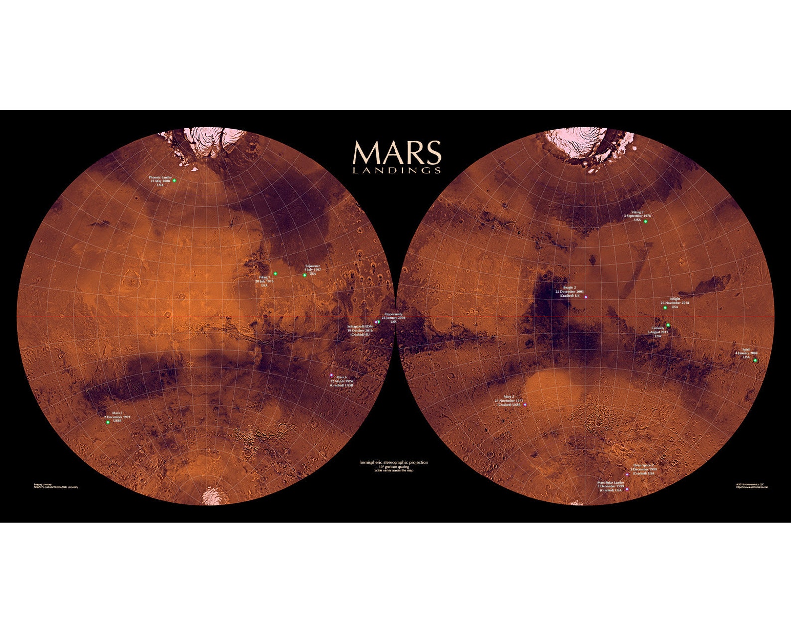 Map of Mars Landings, Including Perseverance and Zhurong - Etsy