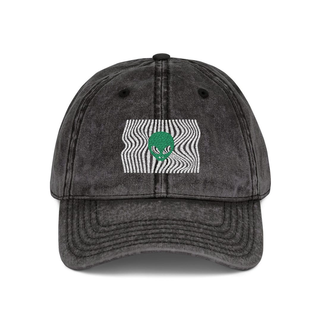 Embroidered Alien Head Dad Hat - Wavy Pattern, Distressed Cotton Twill ...