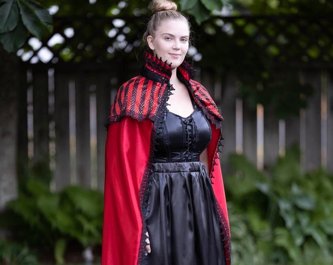 Red Satin Cloak With Black Victorian Lace Trim. Full Length. Sequin and ...